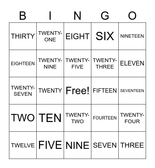 Word Numbers Bingo Card