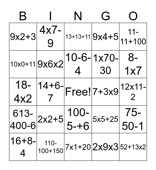 2-Step Math BINGO Card