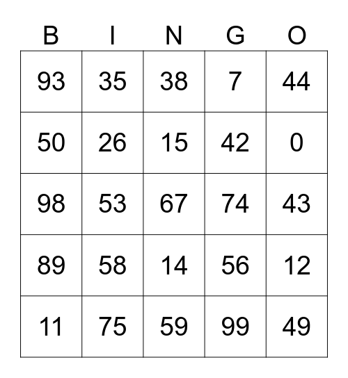 number 1-100 Bingo Card