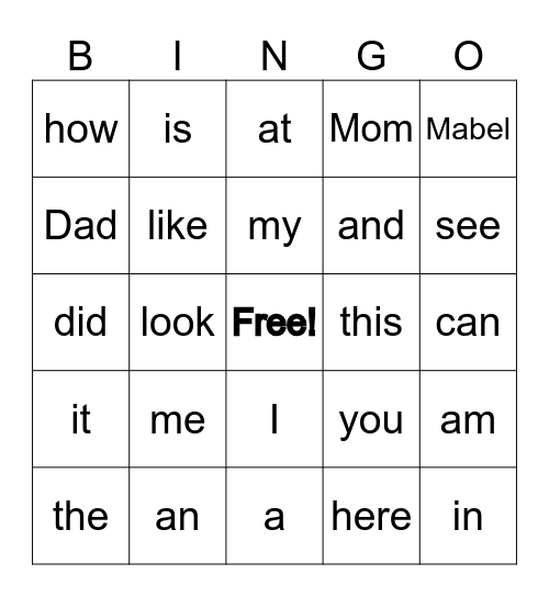 Snap Word Bingo Card
