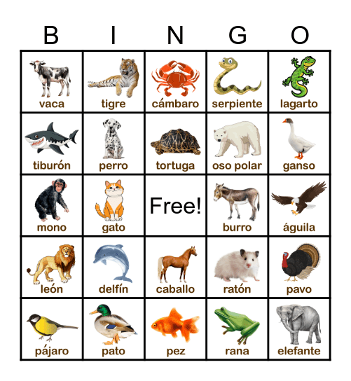 Animal Bingo Español Bingo Card