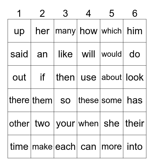 Sight Word Roll Bingo Card