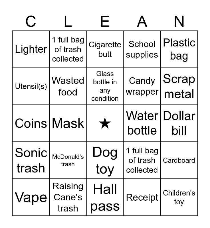 Litter clean up team:_____ Bingo Card