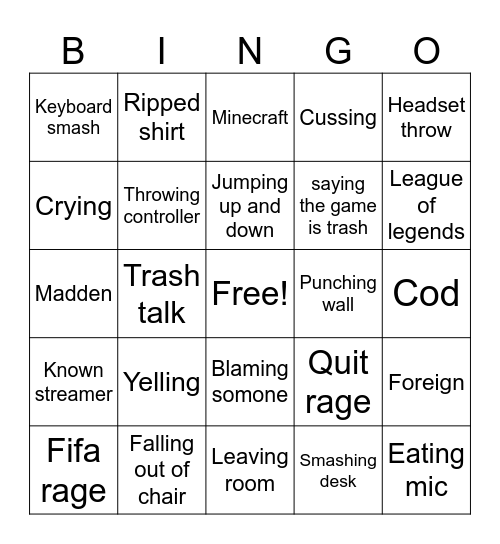 Gamer rage Bingo Card