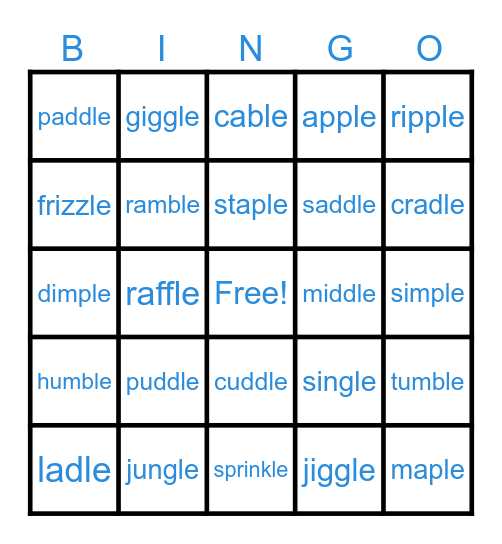 Consonant -le Bingo Card