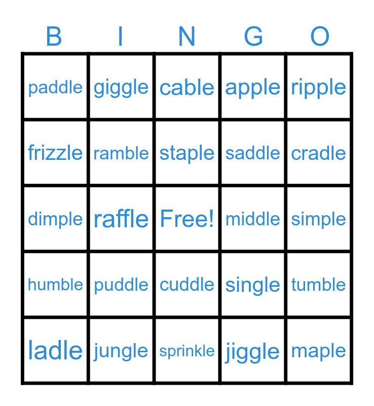 Consonant -le Bingo Card