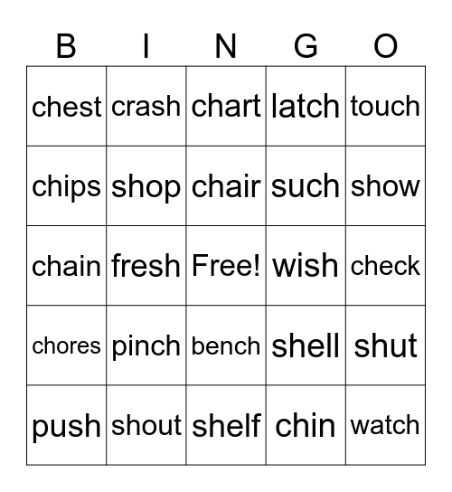 ch and sh digraphs Bingo Card
