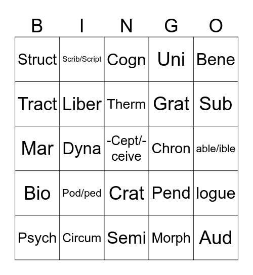 Latin/Greek Roots Bingo Card