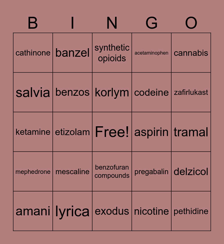 Drug Bingo Card