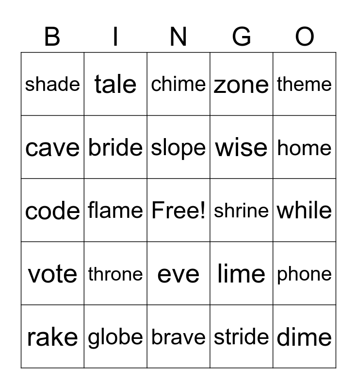 VCE words with a, e, i, and o Bingo Card