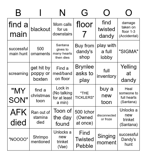 Dandy's World Bingo (Easy) Bingo Card