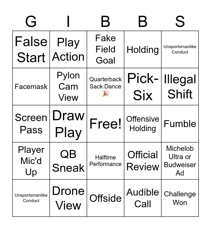 National Football League Bingo Card