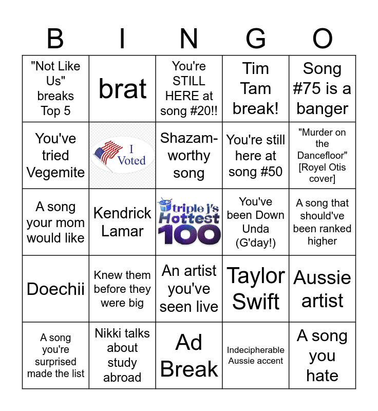 2024 TRIPLE J’s HOTTEST 100 Bingo Card