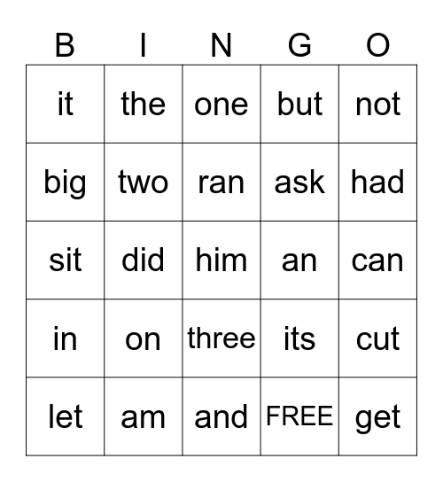Kindergarten Words (Set 1) Bingo Card