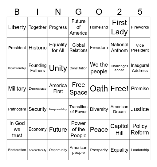 Inauguration Bingo 2025 Bingo Card