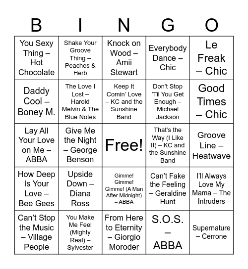 Disco Anthems Bingo Card