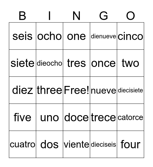 Spanish Number Bingo Card
