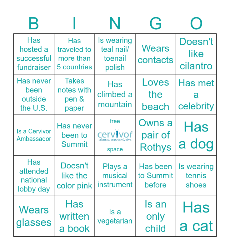 Cervical Cancer Summit Bingo Card