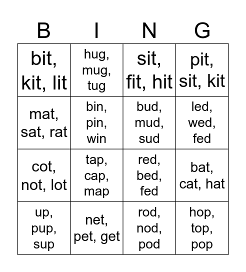 Short Vowel Triplets Bingo Card