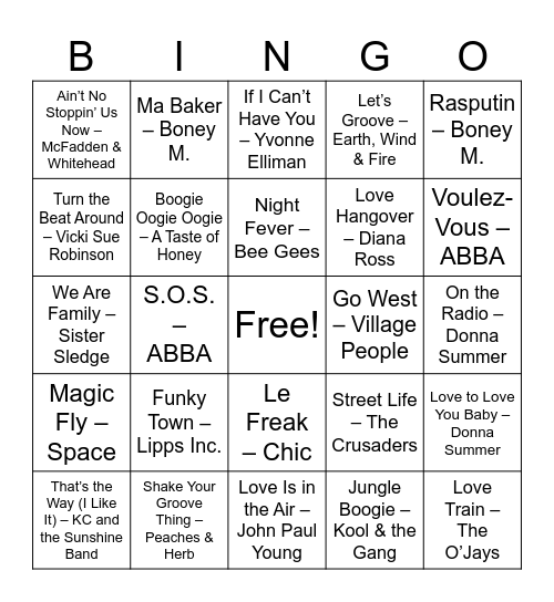 Disco Anthems Bingo Card