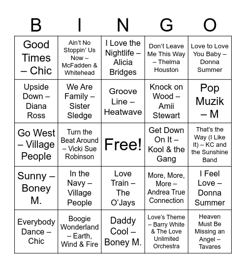 Disco Anthems Bingo Card