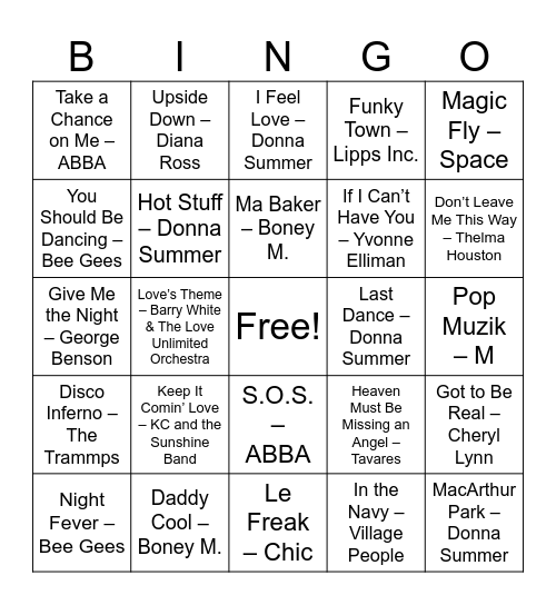 Disco Anthems Bingo Card