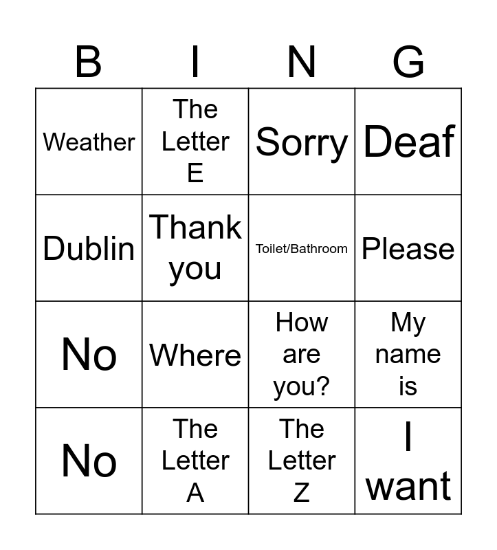 Sign Language Bingo Card