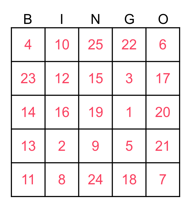 Numbers - 1-25 Bingo Card