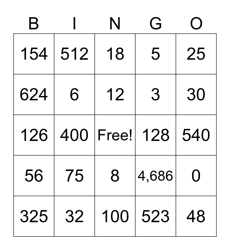 Whole Number Operations Bingo Card