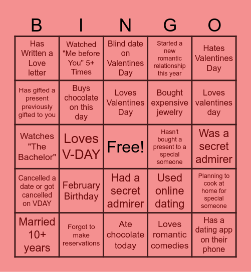 BINGO Valentines Day Edition Bingo Card