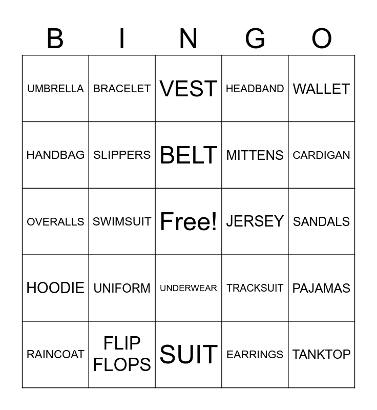 My Favorite Thing to Wear Bingo Card