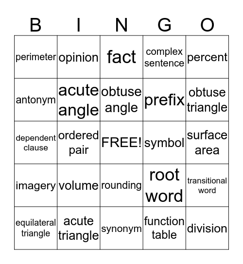 5th Grade Bingo Card