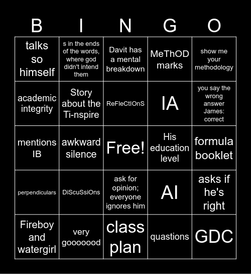 James' class Bingo Card