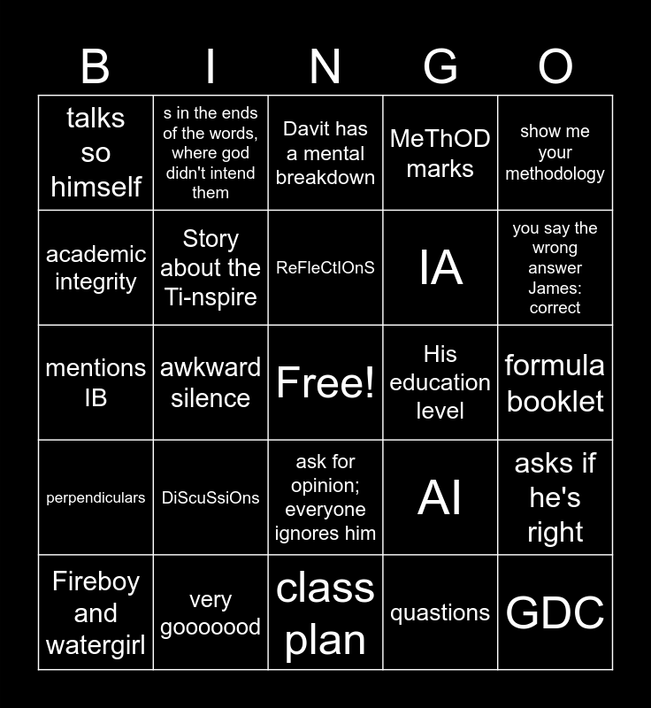 James' class Bingo Card