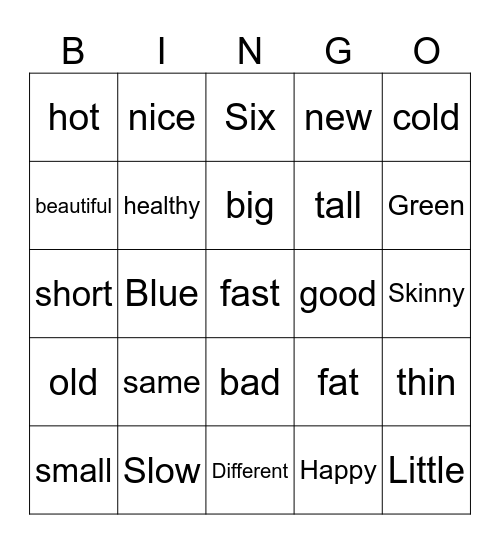 Adjectives Bingo Card