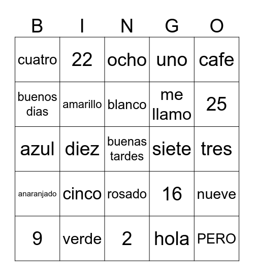Spanish Colors, Numbers and Greetings Bingo Card