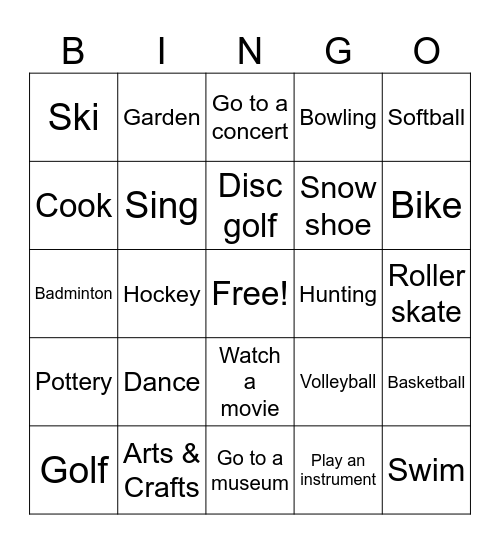 Leisure Activity Bingo Card