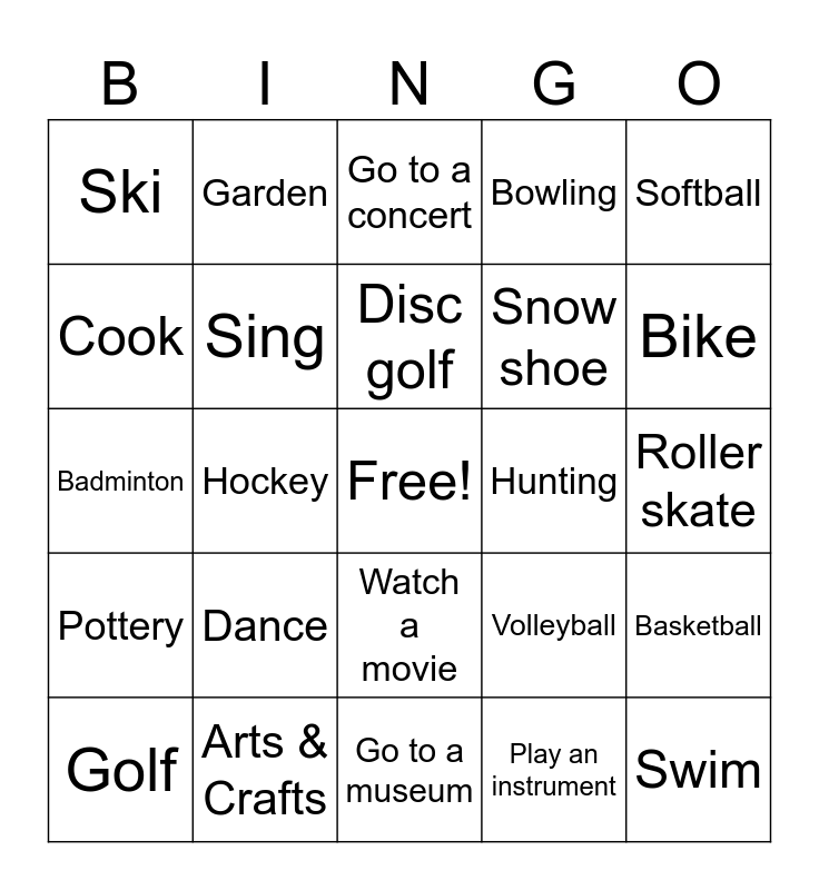 Leisure Activity Bingo Card