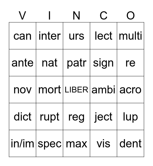 Latin Word Roots Bingo Card