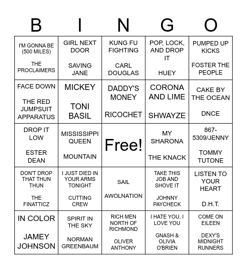 ONE HIT WONDERS Bingo Card