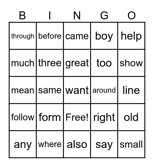 Sight Word List #1 Bingo Card