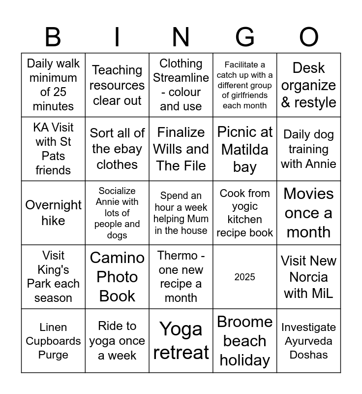 2025 Bingo Goals Bingo Card
