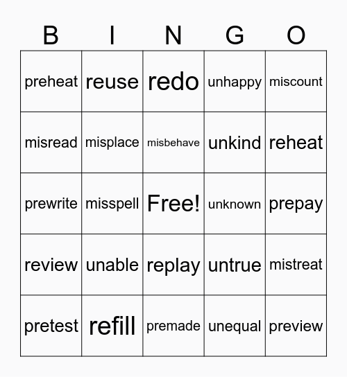 PREFIX BINGO! re, un, mis, pre Bingo Card