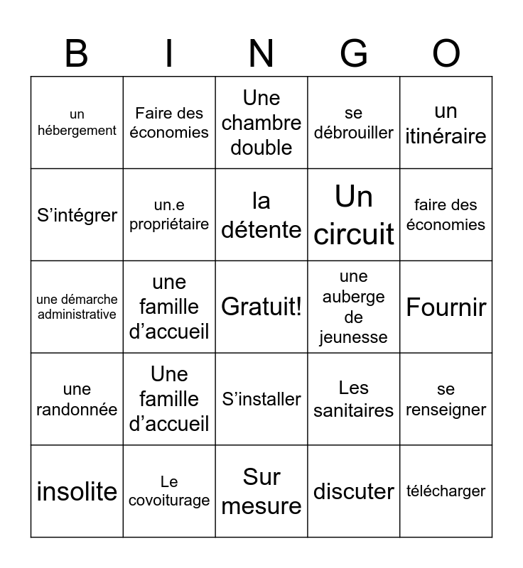 Dossier 1 : vocabulaire Bingo Card