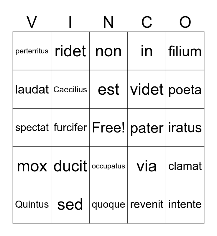 Latin I Midterm Exam 2025 - Quintus Bingo Card