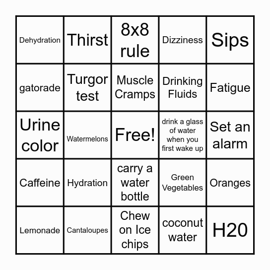 Dehydration Bingo Card