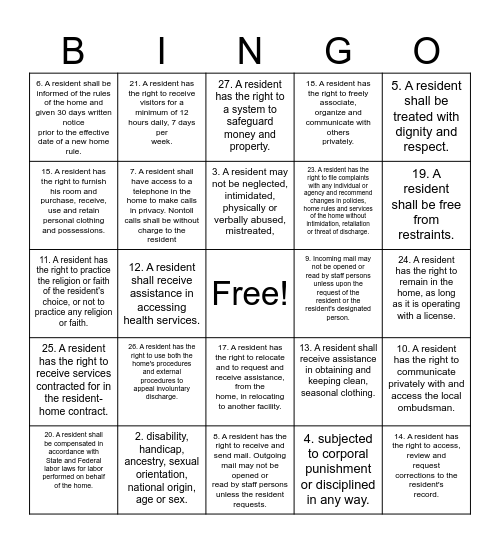 Resident Rights BINGO Card