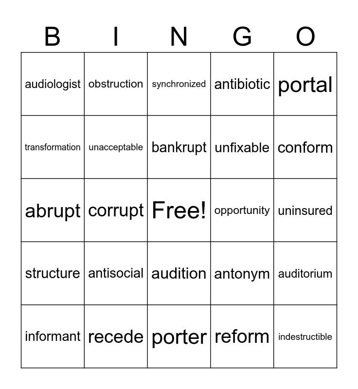 Morphology Bingo Card