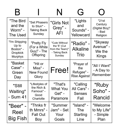 Alt Rock Music Bingo Round 2 Bingo Card