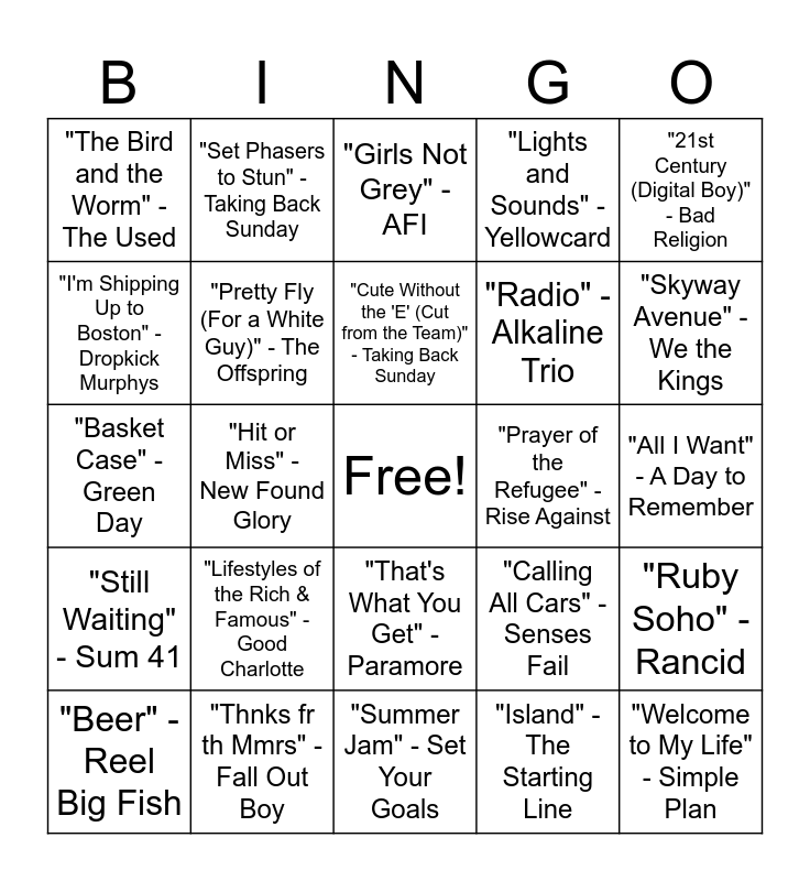 Alt Rock Music Bingo Round 2 Bingo Card